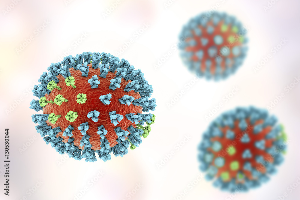 Influenza virus. 3D illustration showing surface glycoprotein spikes ...