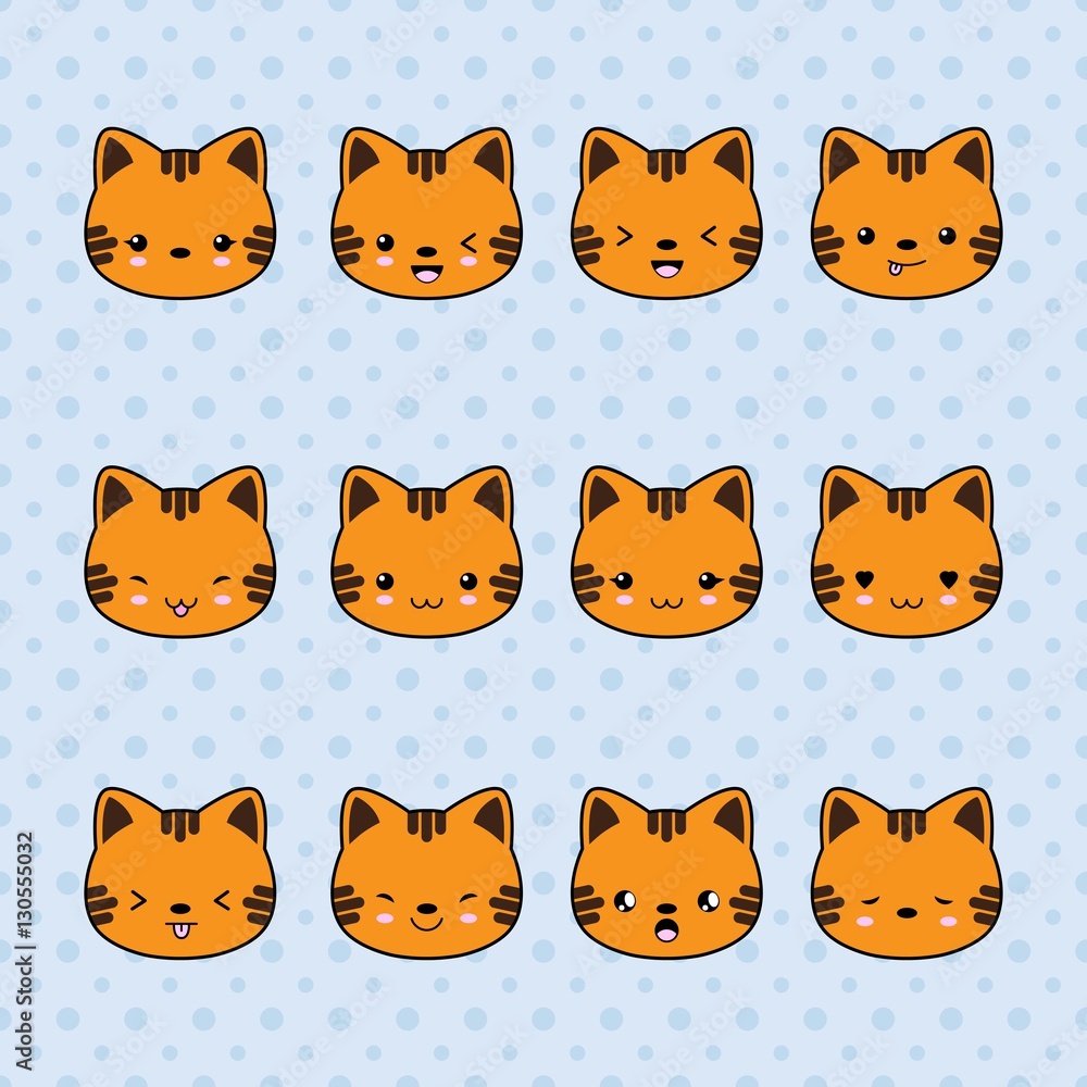 Set of Cartoon cat stickers. Funny and kawaii smiles, emoji ...