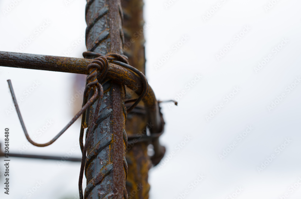 .Rebar was tied up with wire rust sun, wind, rain. Wait a pole h Stock ...