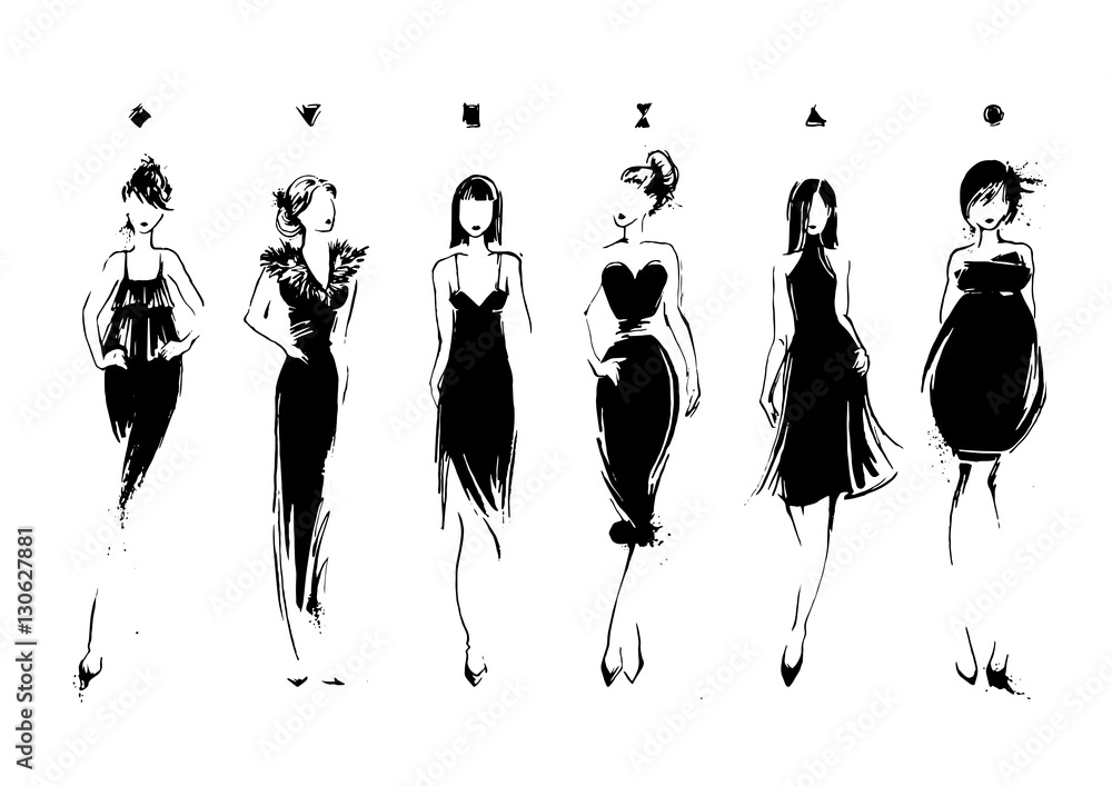 Fashion models in sketch style. Collection of evening dresses. Female ...