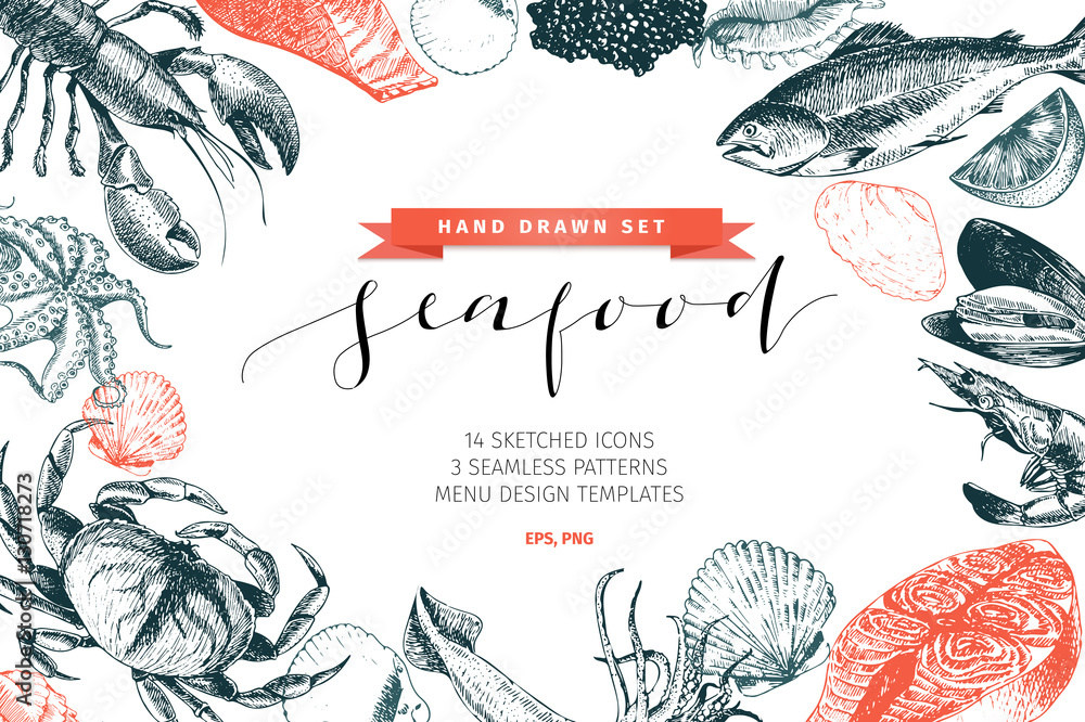 เวกเตอร์ Stock Vector hand drawn set of seafood icons. Lobster, salmon ...