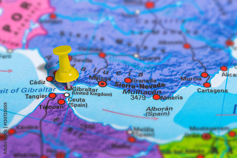 Gibraltar in United Kingdom pinned on colorful political map of Europe ...