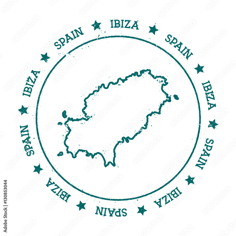 Ibiza vector map. Distressed travel stamp with text wrapped around a ...