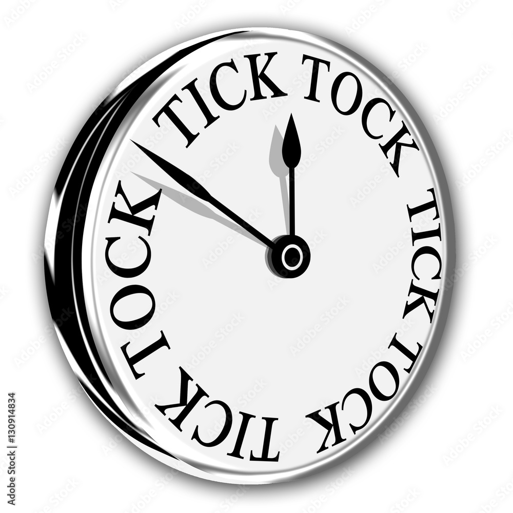 A wall clock with Tick Tock face design in black and white isolated on ...