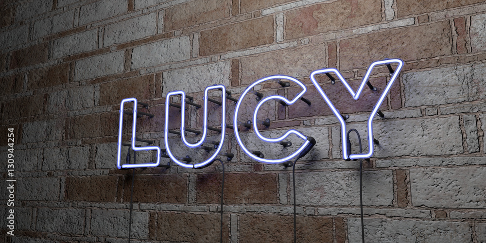 LUCY - Glowing Neon Sign on stonework wall - 3D rendered royalty free ...