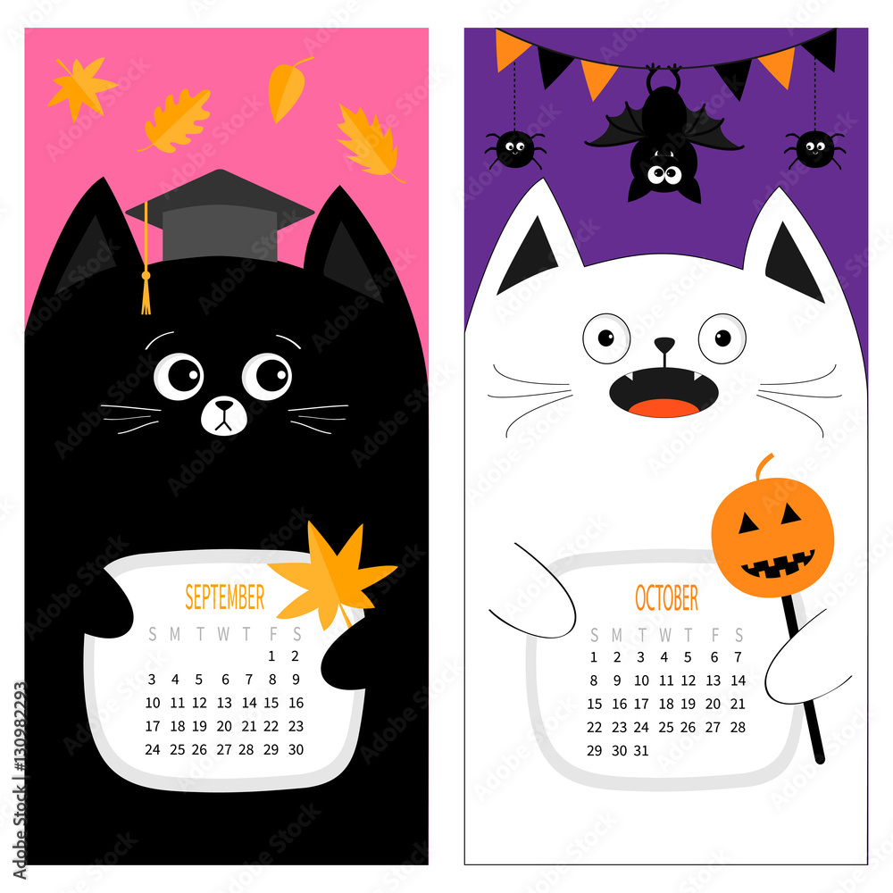 Cat calendar 2017. Cute funny cartoon character set. September October ...
