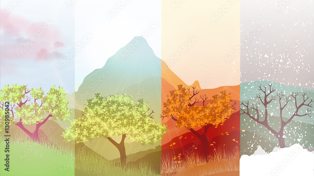 Four Seasons Banners with Abstract Trees on Forest Background - Stock ...
