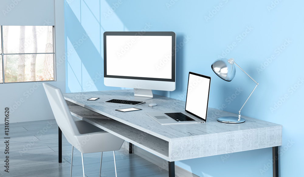 Modern desktop interior with blank screen devices 3D rendering Stock ...