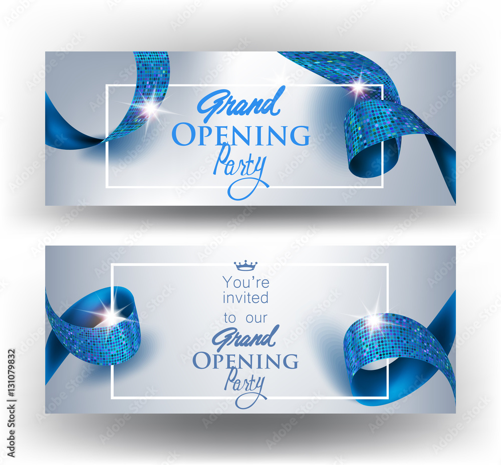 Elegant grand opening invitation cards with blue textured curled gold ...