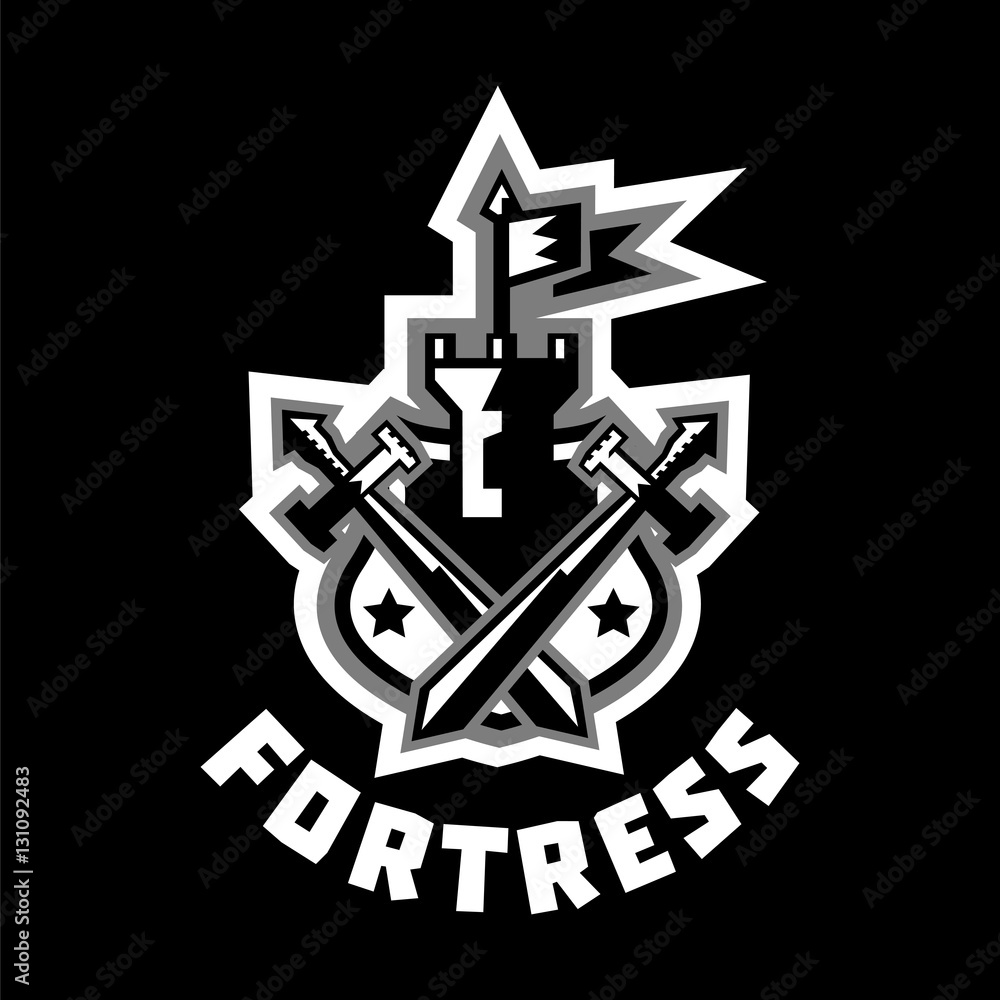 Logo fortress. Castle and flag, swords cross located on the shield ...