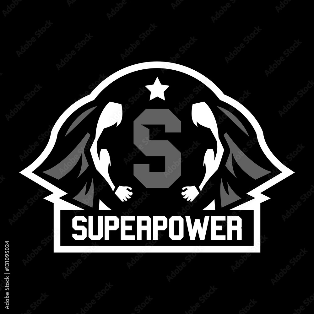 Logo superhero. Cloak superman. Muscular arms. Most of the letter in ...