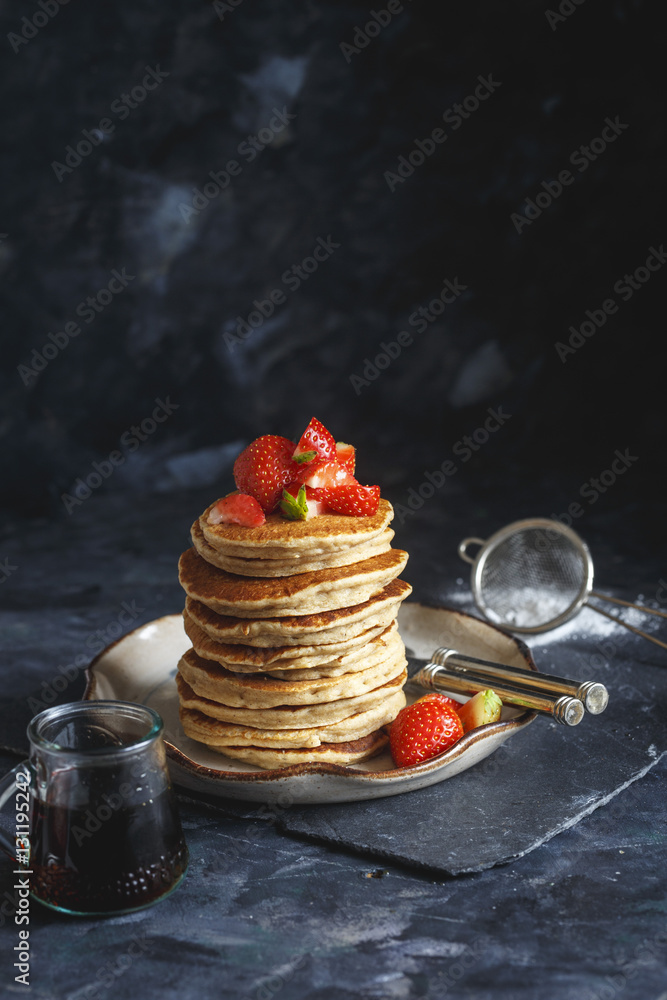 Stack of Gluten free Oat Flour Pancakes served with chopped Stra Stock ...