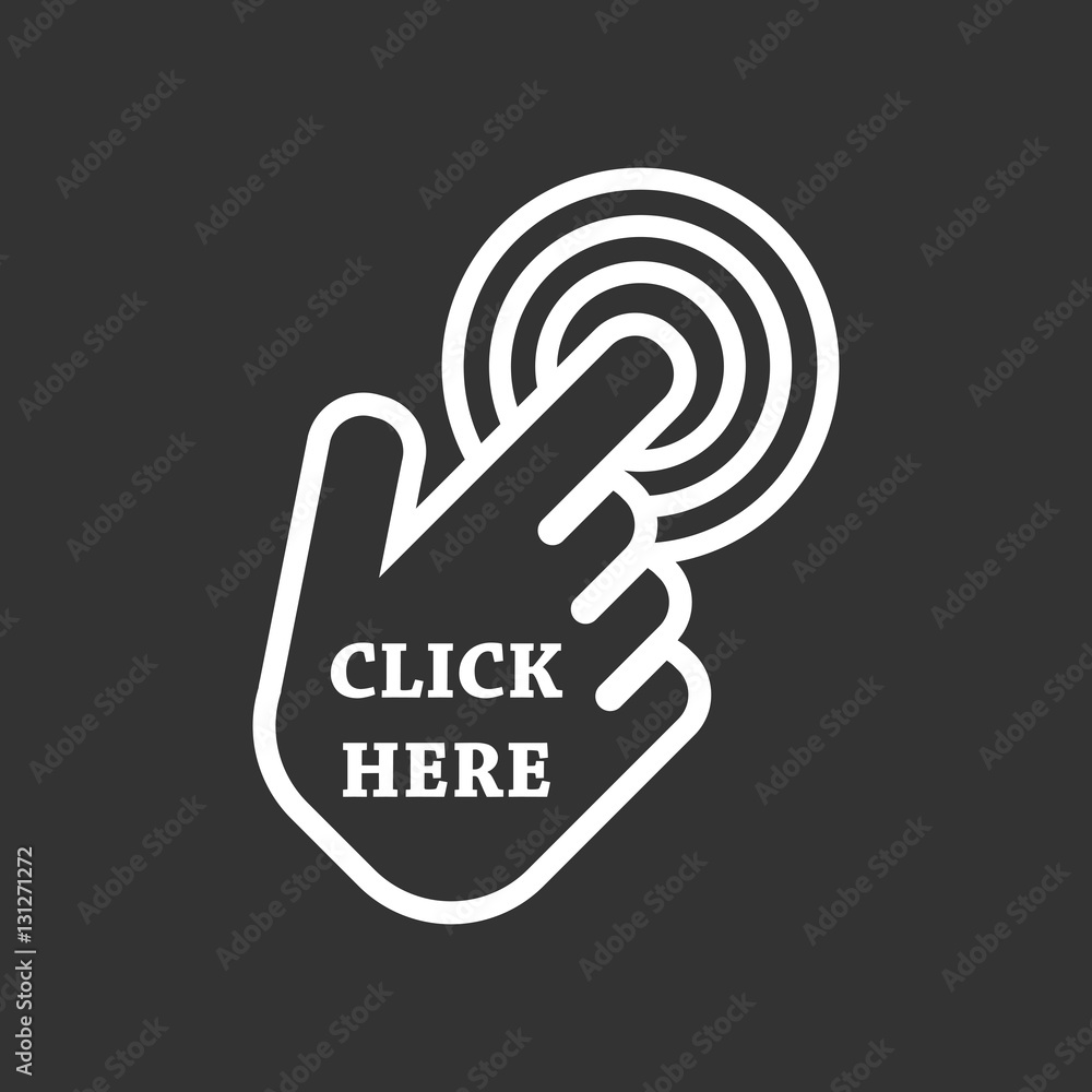 Click here icon. Hand cursor signs. Black button flat vector ...
