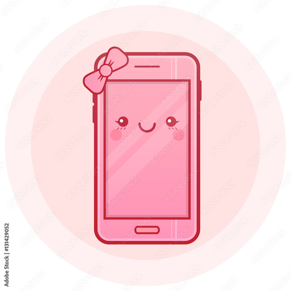 Cute smartphone vector icon. Kawaii cheerful pink mobile. Cartoon ...