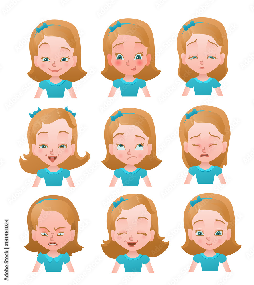 Girl emotions vector set.Emotion faces icons. Female emoji set. Cartoon ...