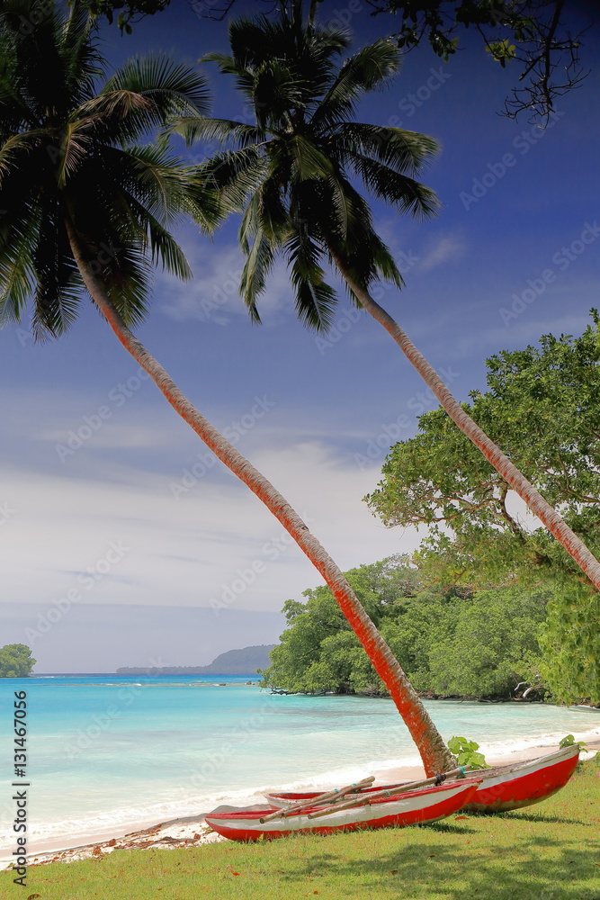 Two boats catamaran-like tied together. Port Olry-Espiritu Santo island ...