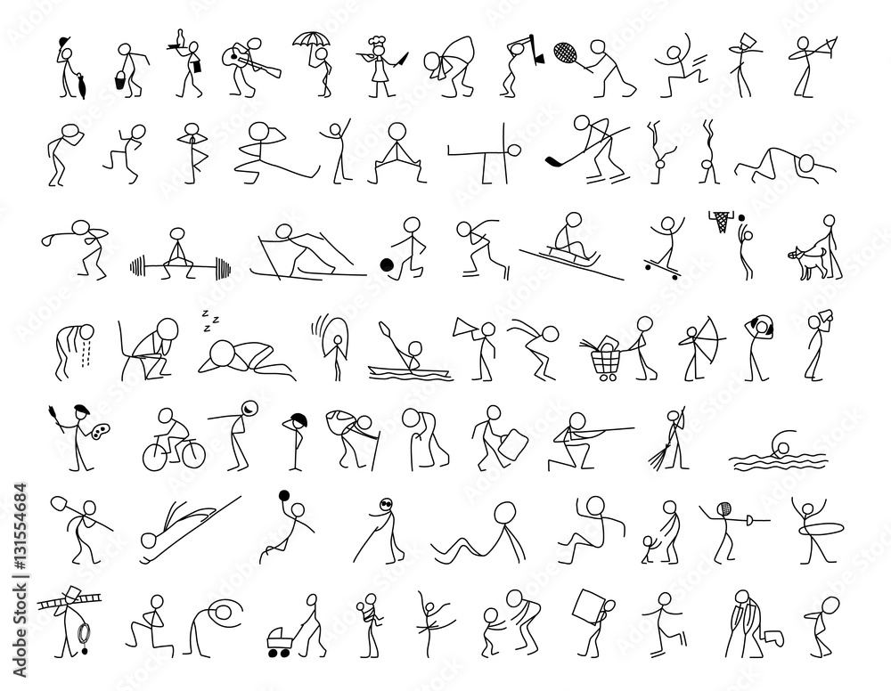 Cartoon icons set of sketch stick figures in cute miniature scenes ...