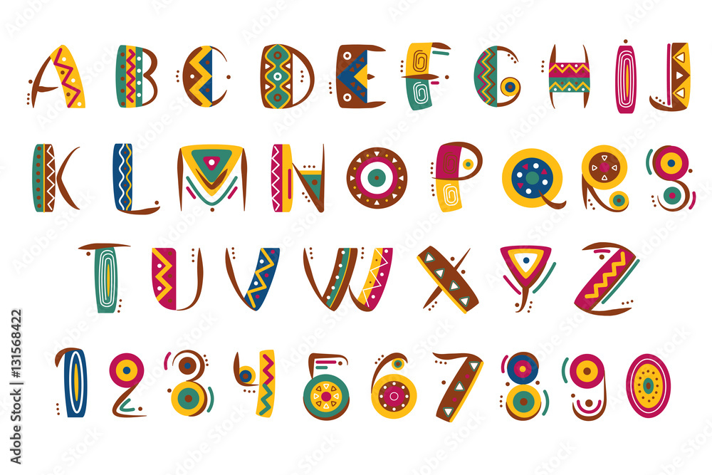 Vetor Primitive mexican font. Tribal indian or african letter numbers ...