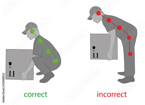 Correct posture to lift a heavy object safely. Illustration of health ...