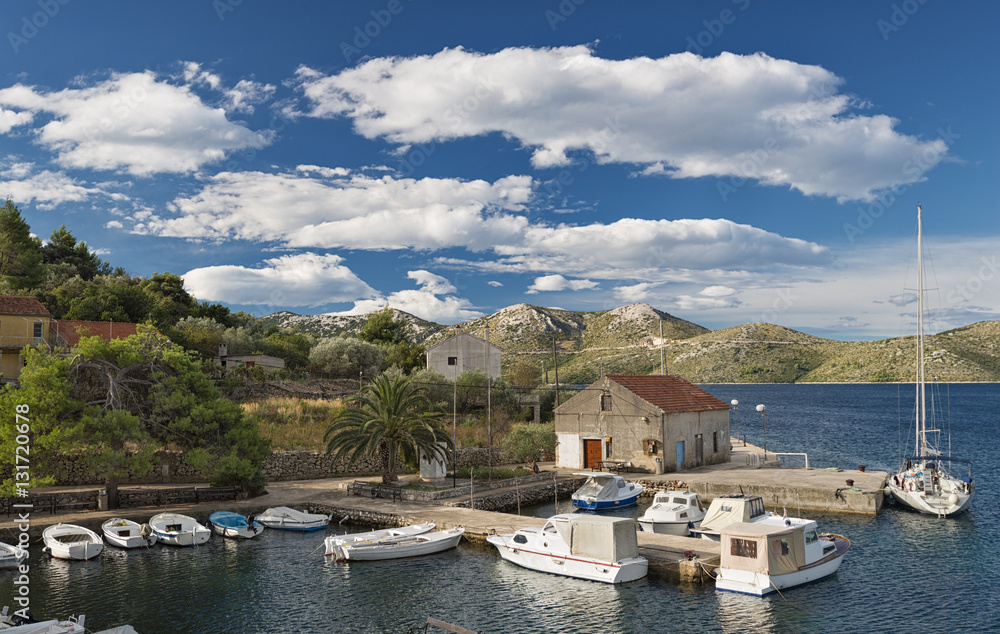 Croatia, Rava Island, view to harbor mole of Mala Rava and to Dugi Otok ...