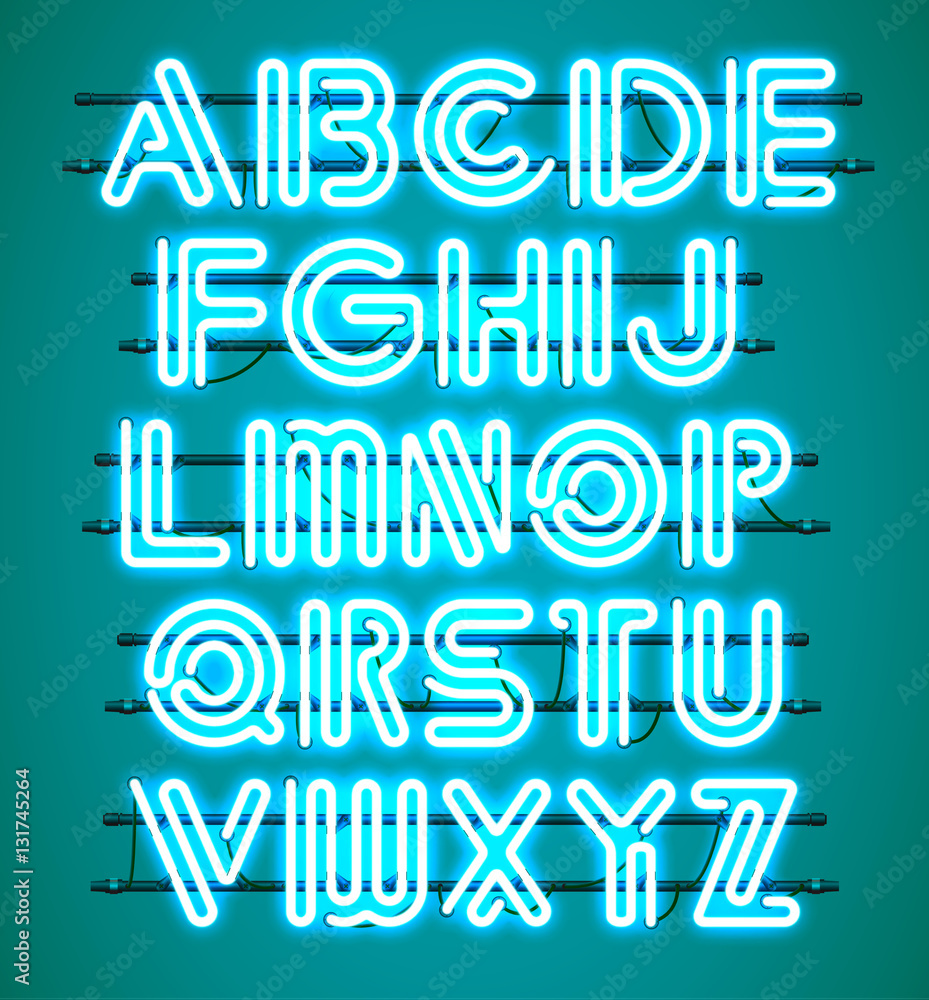 Glowing blue Neon Alphabet with letters from A to Z. Shining and ...