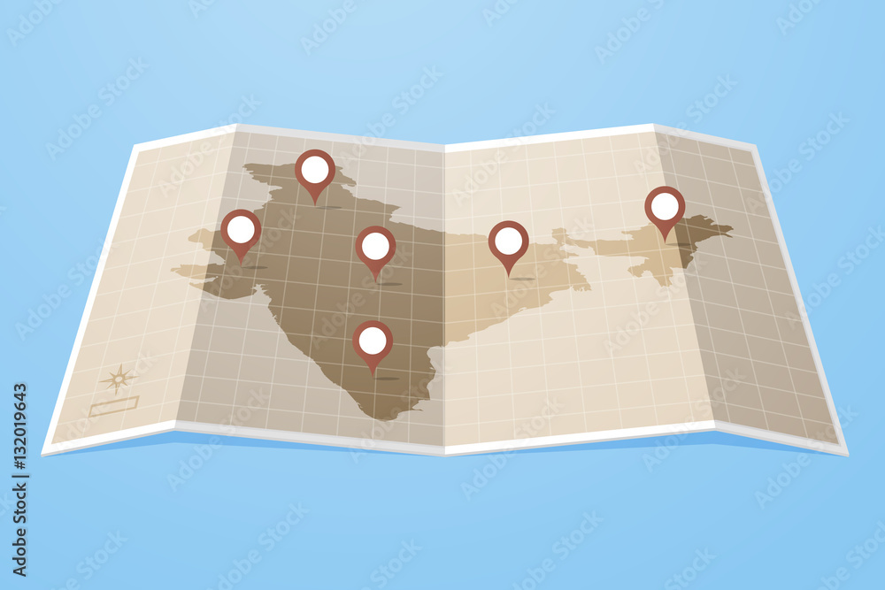 Map of India with gps map markers / pins vector illustration drawn in ...