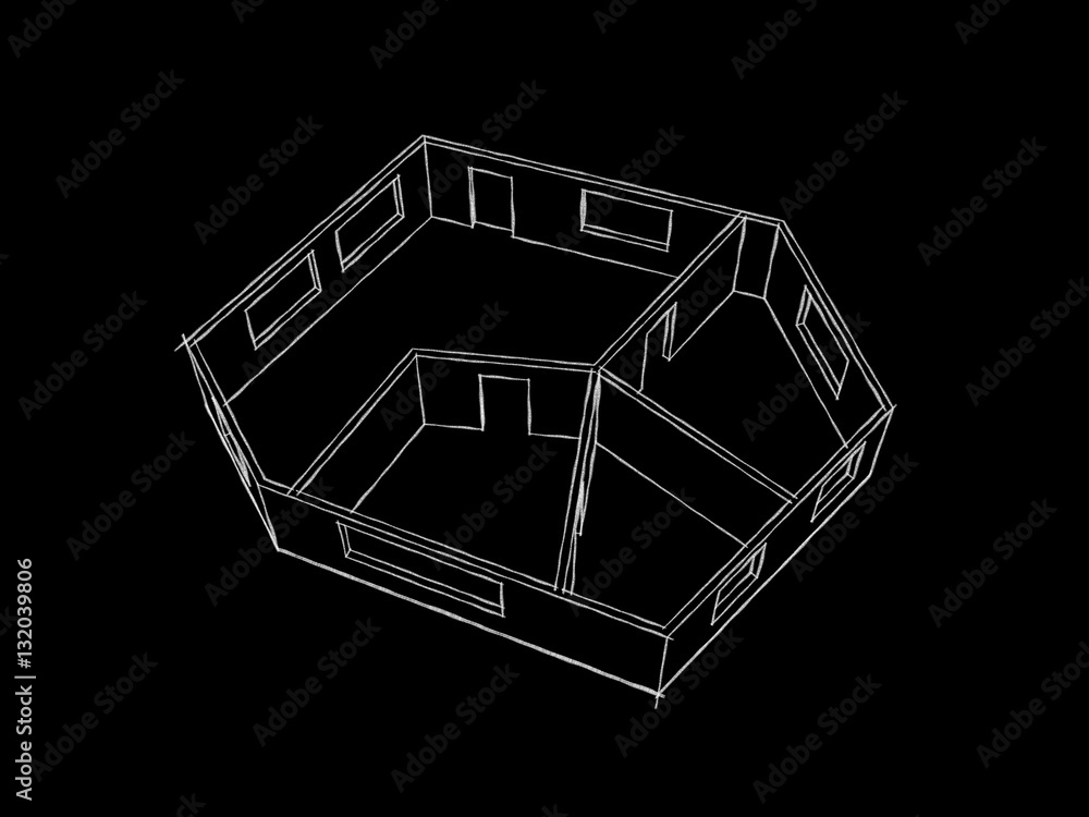 Empty room plan.Sketch illustration.Isolated on black background. Stock ...