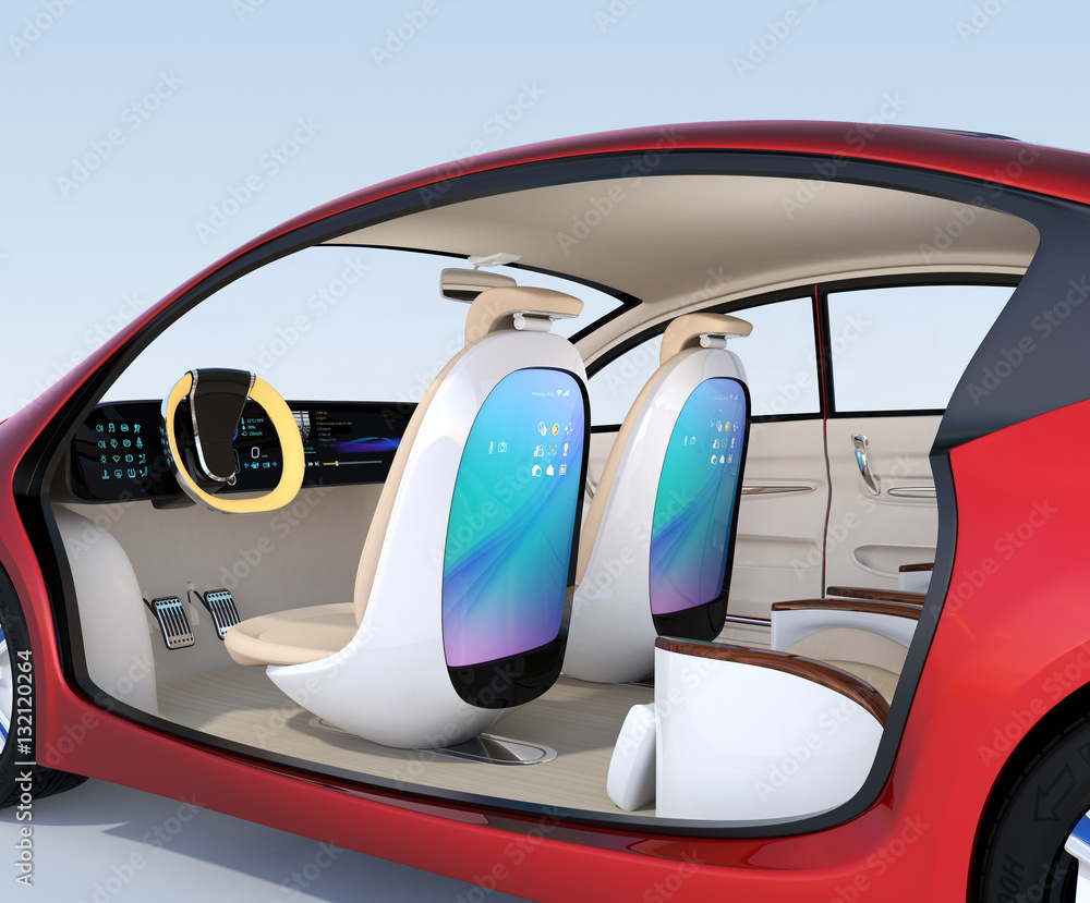 Self-driving car concept image. Front seats' back monitor showing ...