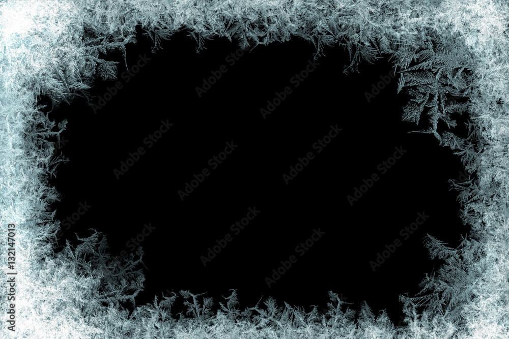 Frostwork. Decorative ice crystals frame on black matte background ...