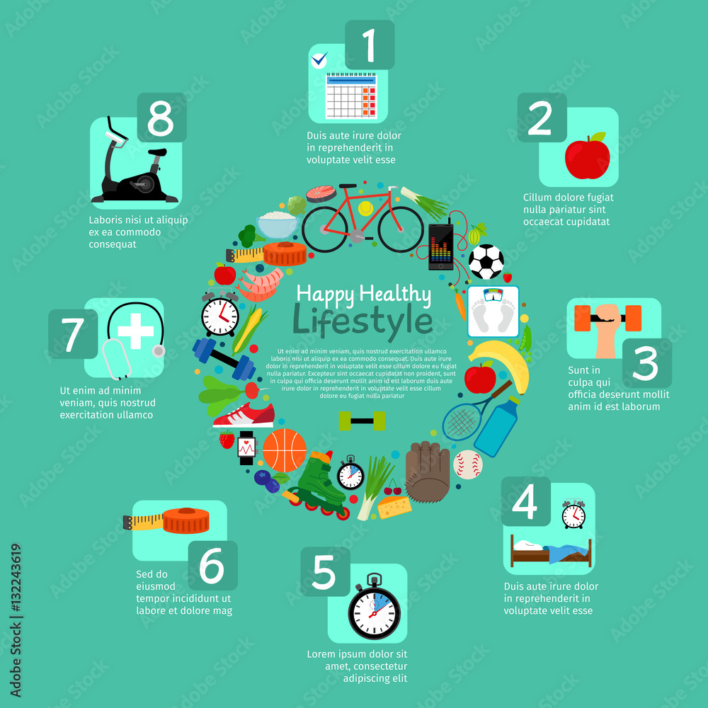 Healthy nutrition and fitness activity vector infographic in round ...