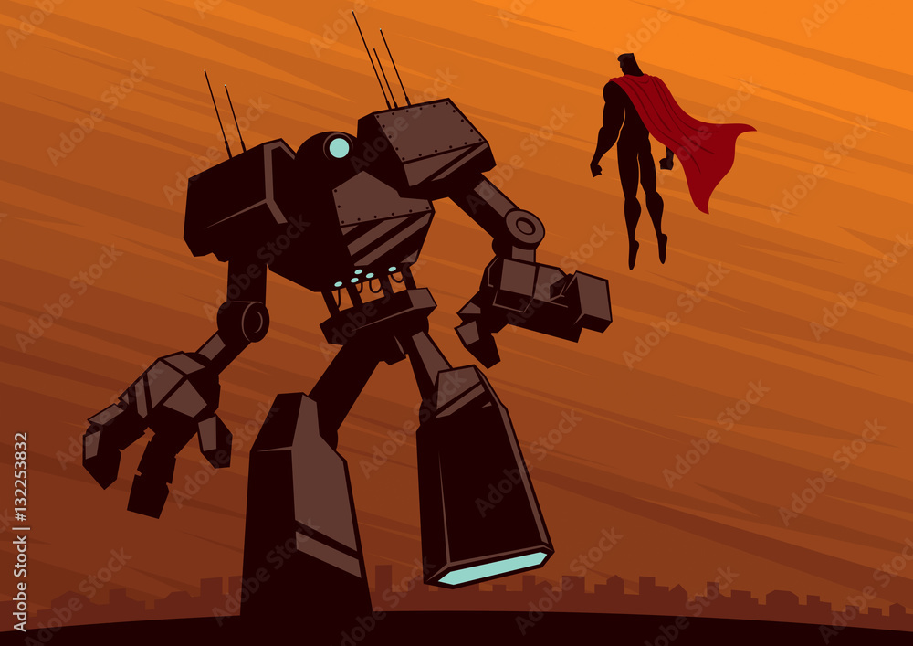 Superhero versus Robot 2 / Superhero facing giant robot. Stock Vector ...