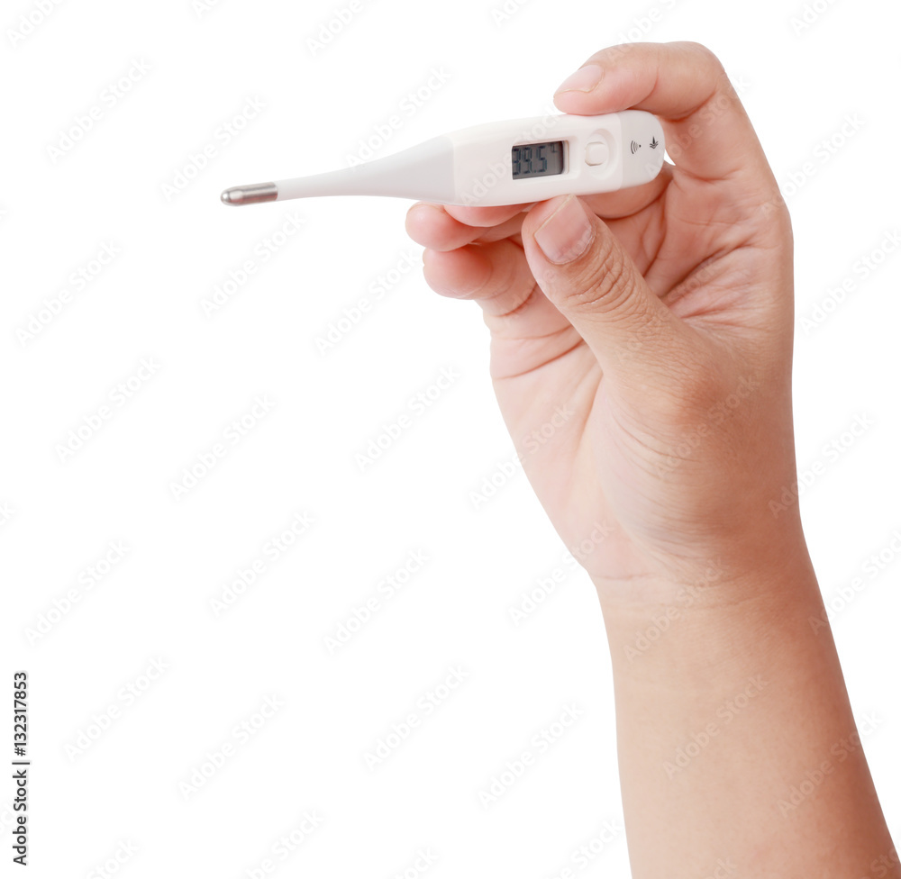 thermometer showing high temperature in woman hand isolated with Stock ...