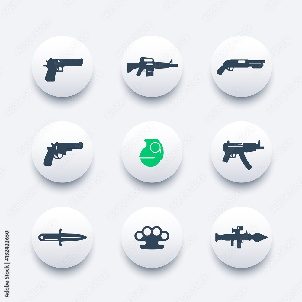 weapons icons set, pistol, rifle, revolver, shotgun, grenade ...
