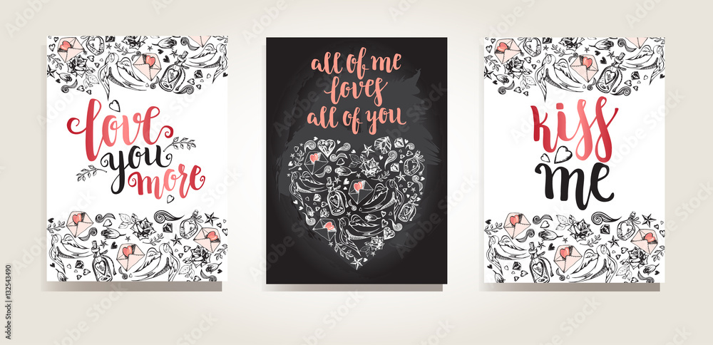 Set of greeting cards. Backgrounds with calligraphy brush lettering and ...