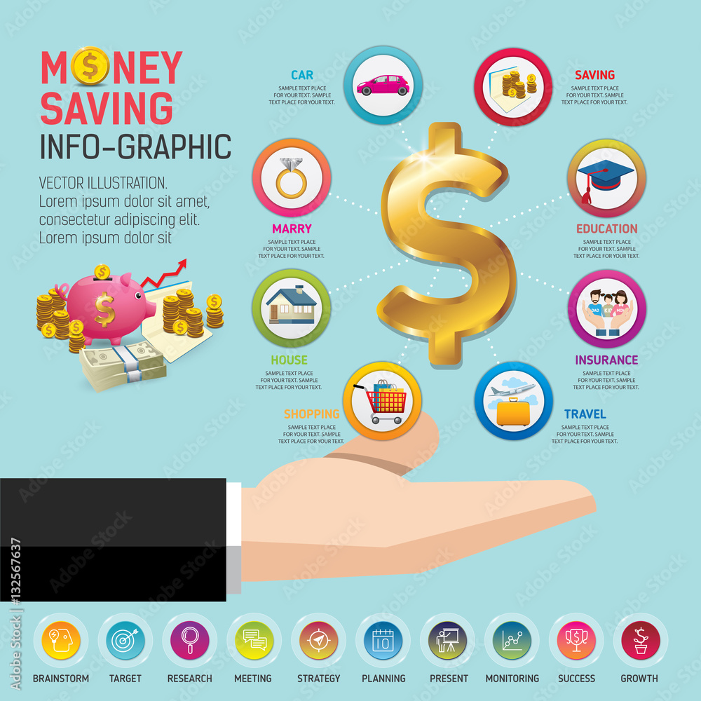 Vector de Stock Money saving planning info-graphics conceptual. Golden ...