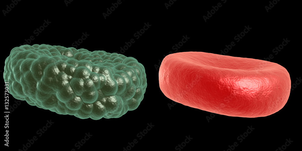 Green illness and red blood cell. 3d render on black. Healthcare and ...