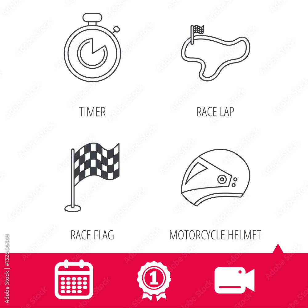 Achievement and video cam signs. Race flag, timer and motorcycle helmet ...