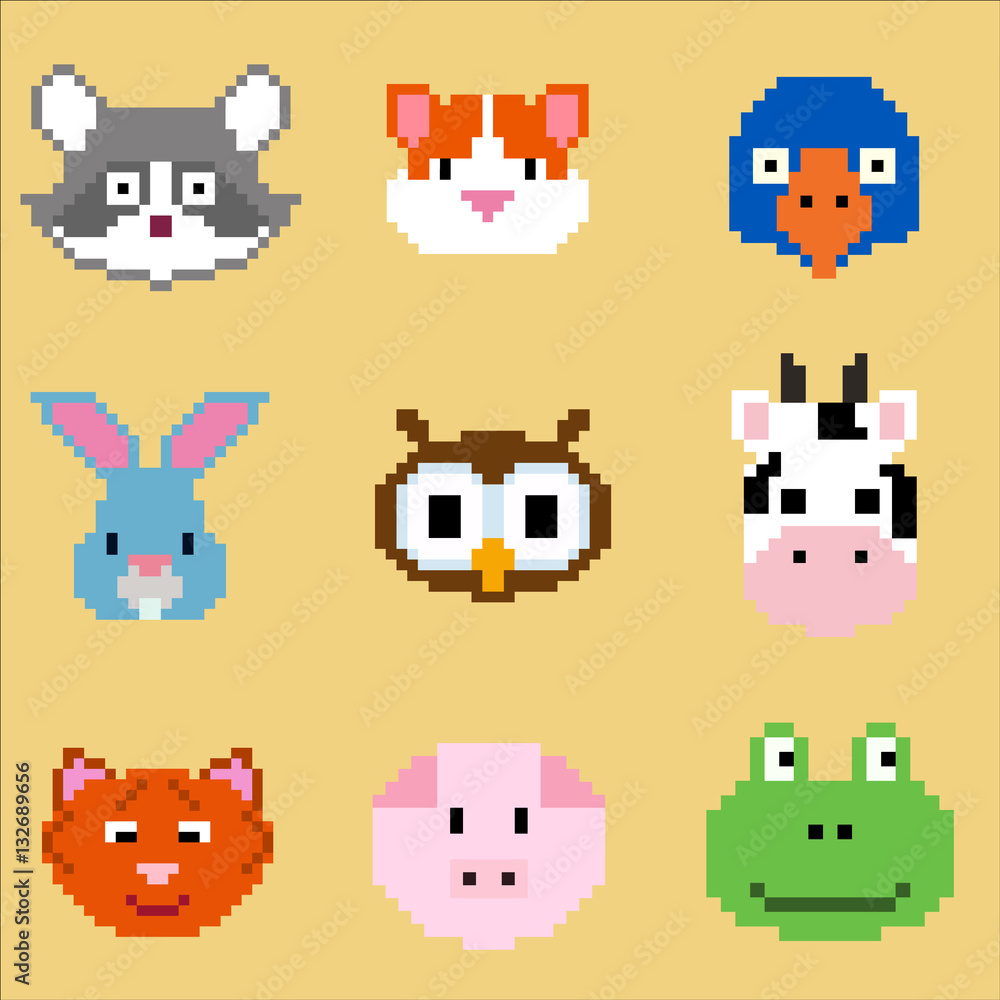 Vector pixel art cartoon animal faces collection Stock Vector | Adobe Stock
