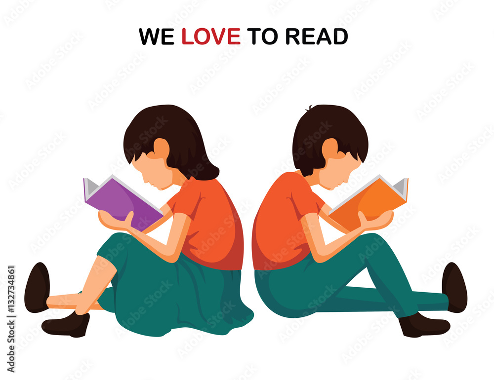 Boy and Girl sitting and reading. Vector illustration of kids reading ...