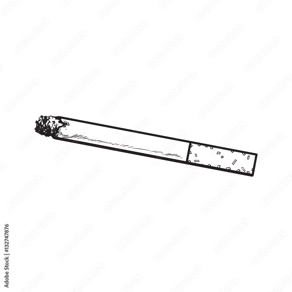Lit, burning cigarette with yellow filter, side view, sketch vector ...