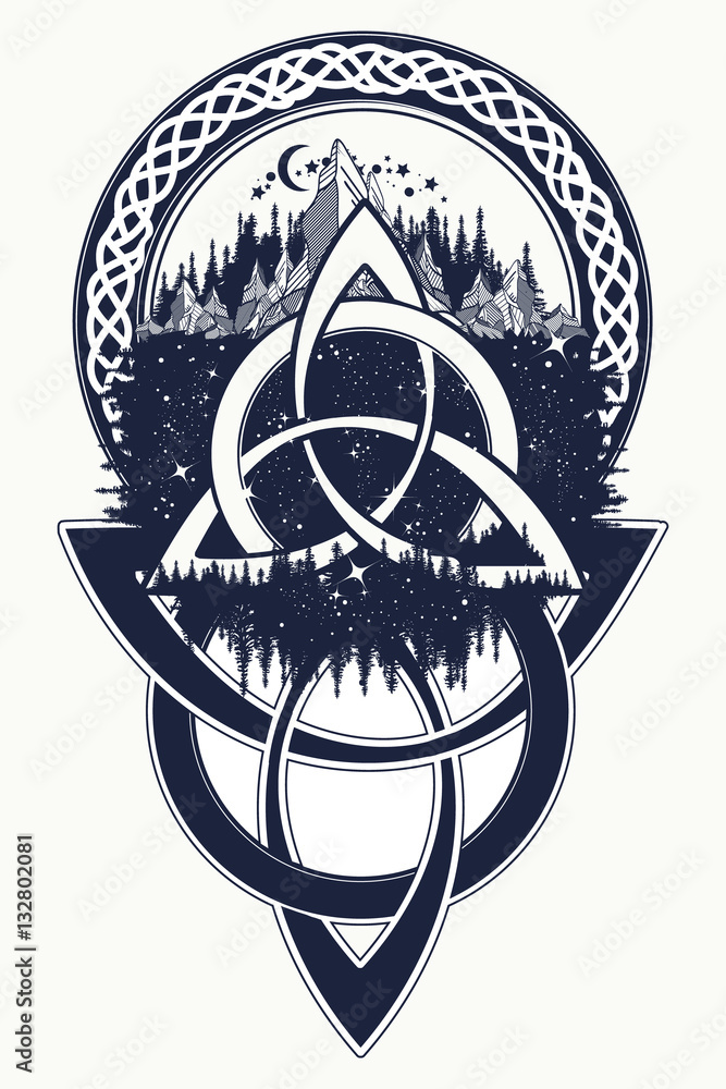 Celtic knot tattoo. Mountain, forest, symbol travel, symmetry Stock ...