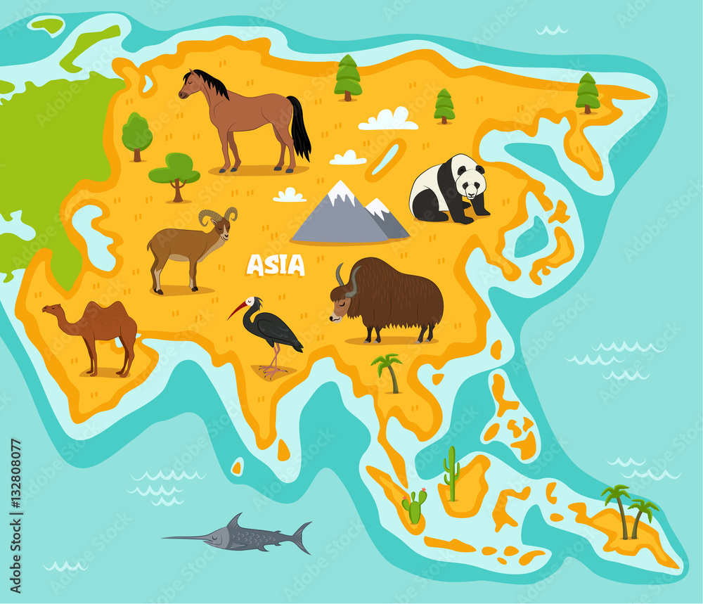 Asian map with wildlife animals vector illustration. Asian flora and ...
