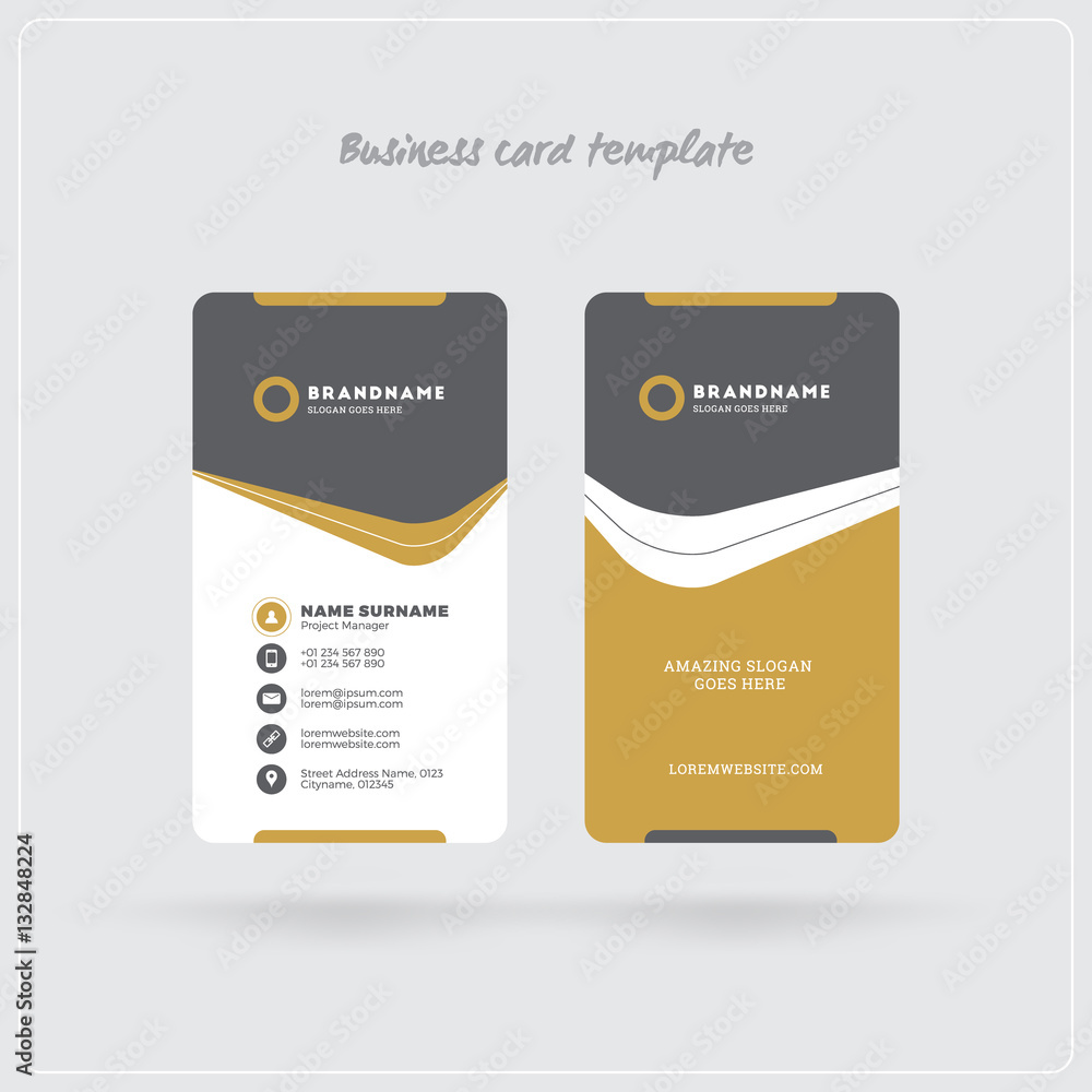 Golden and Gray Vertical Business Card Print Template. Double-sided Personal Visiting Card with ...
