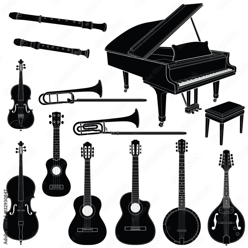 Music instruments collection - vector silhouette illustration Stock ...