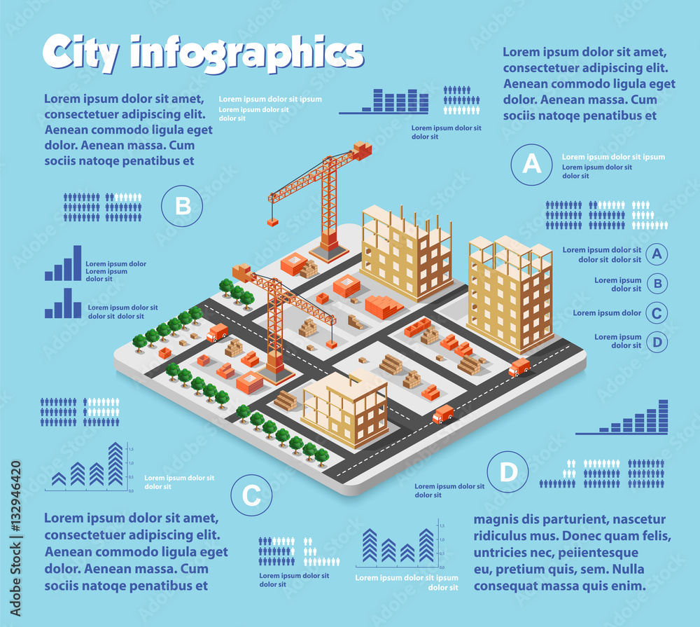 Isometric city map industry infographic set, with transport ...