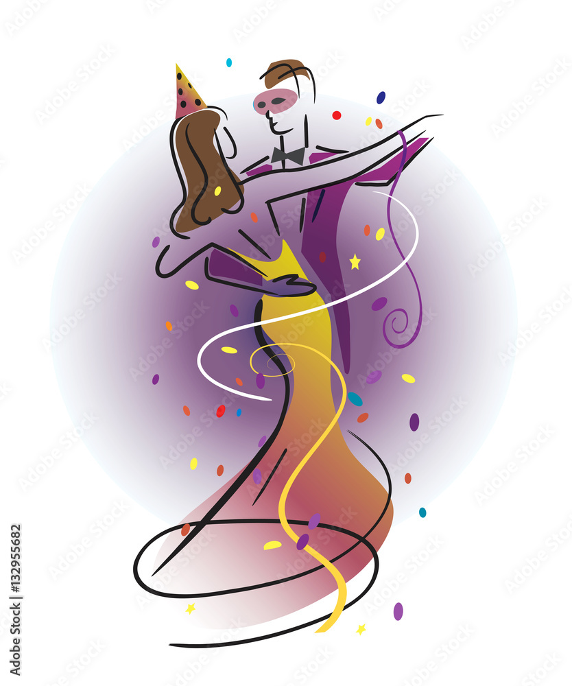 Carnival ballroom dance couple. Colorful stylized illustration of Young ...