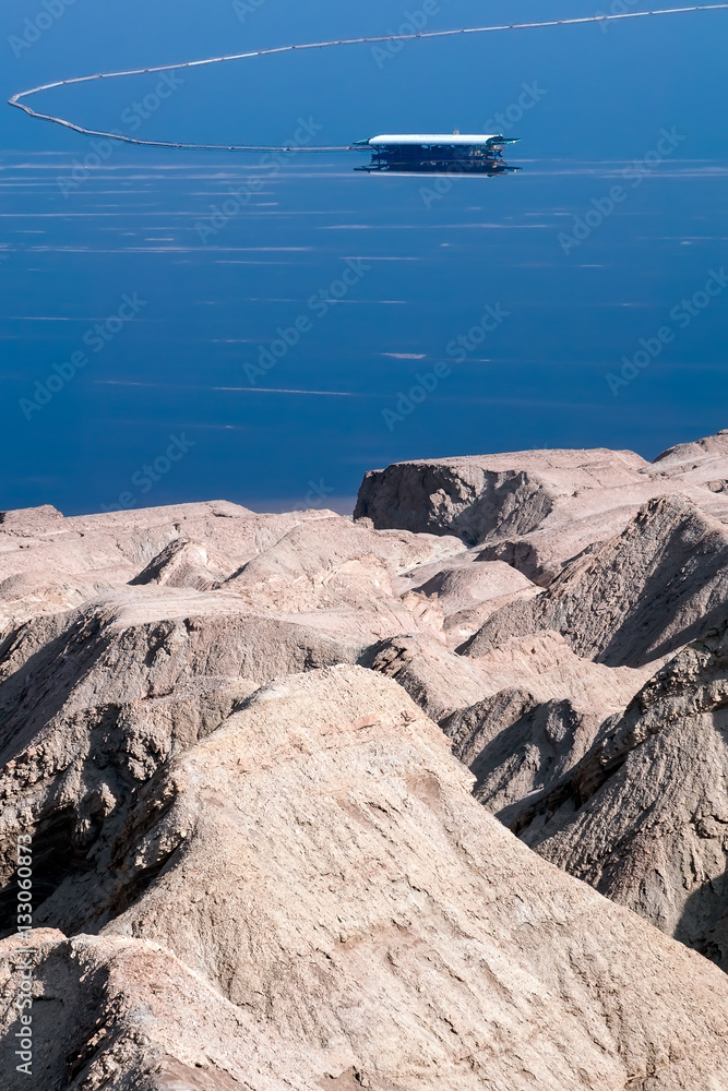 Pontoon mining potash from the Dead Sea. Stock Photo | Adobe Stock
