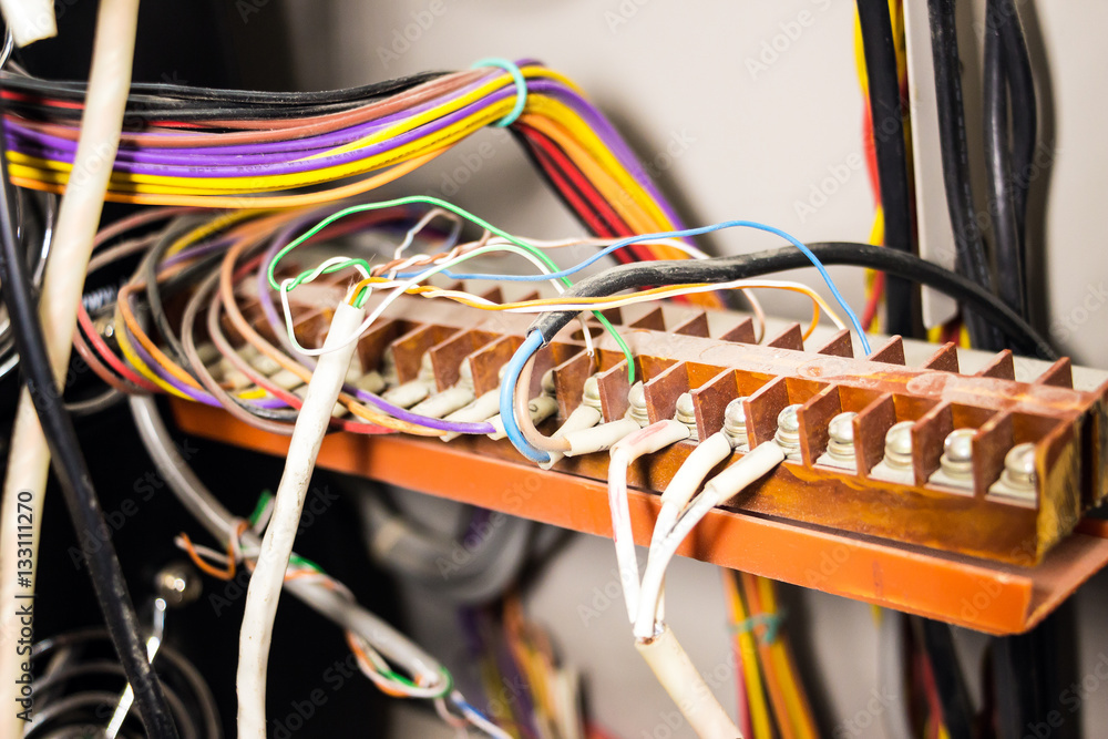Control panel with electric wires cable. Wiring Stock Photo | Adobe Stock