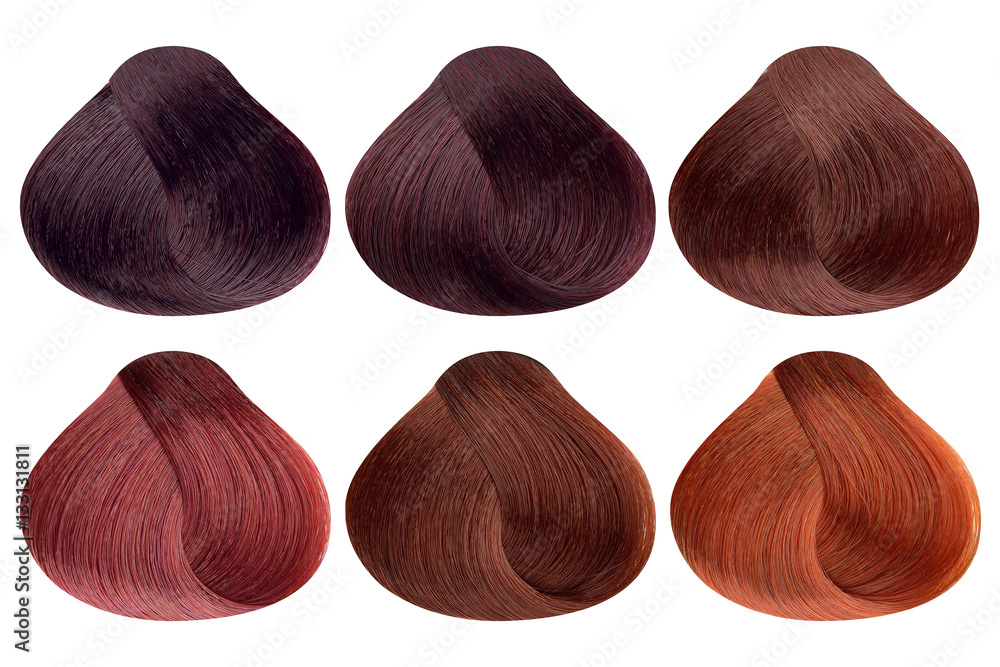 Set of locks of six different red hair color samples (burgund, dark ...