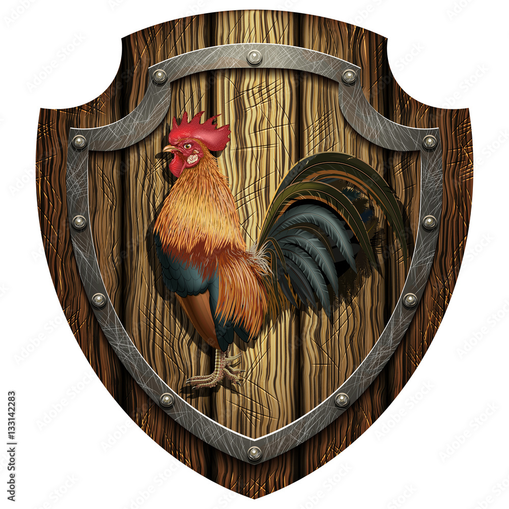 Heraldic wooden shield with a rooster Stock Vector | Adobe Stock